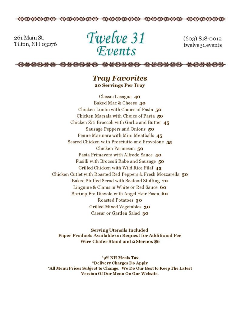 Tray Favorites Menu - Twelve 31 Events