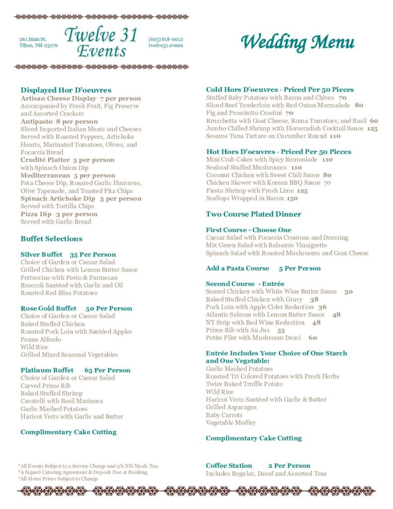 Printable wedding menu - Twelve 31 Events